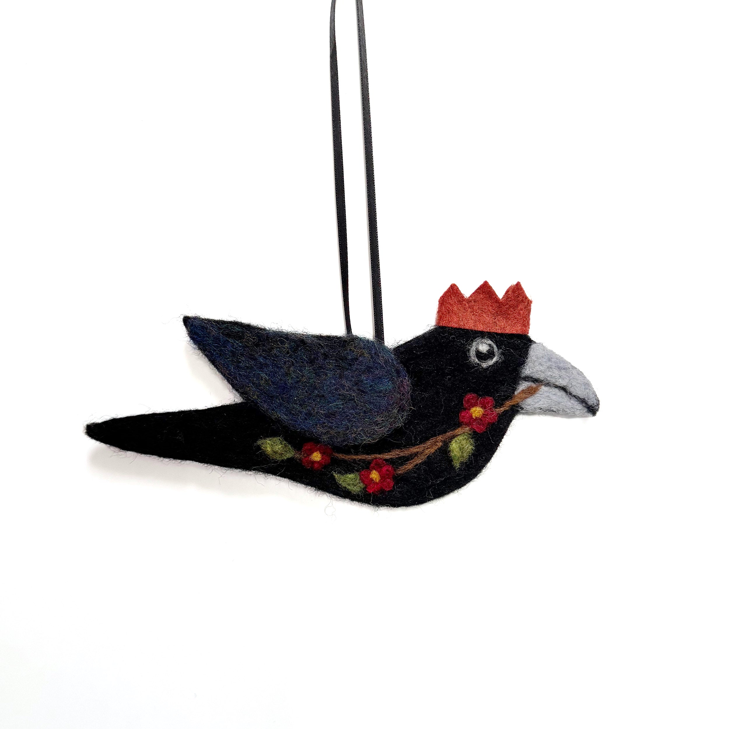 RED FLOWERS 1 Wool Needle-Felted Crow Hanging